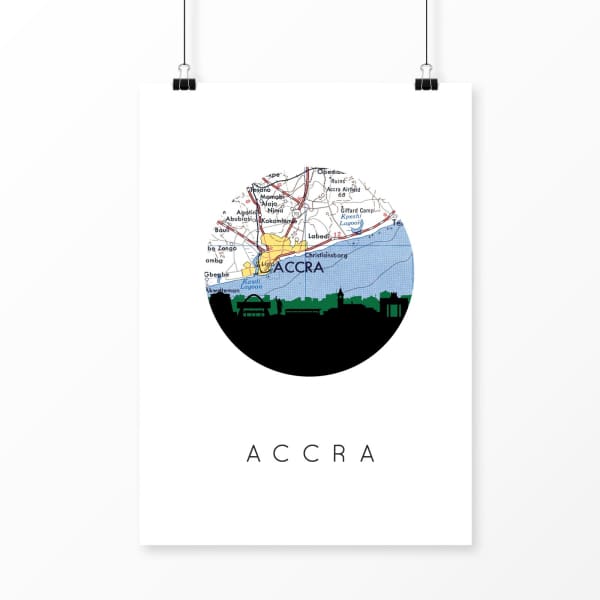 Accra, Ghana city skyline with vintage Accra map | wanderlust gifts and ...