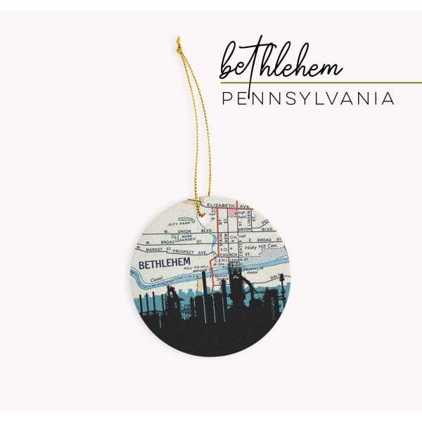 Bethlehem, Pennsylvania city skyline with vintage Bethlehem map ...