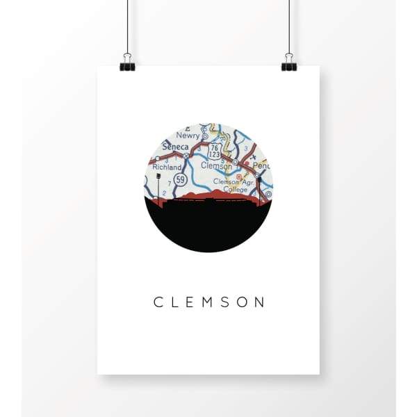 Clemson, South Carolina city skyline with vintage Clemson map ...