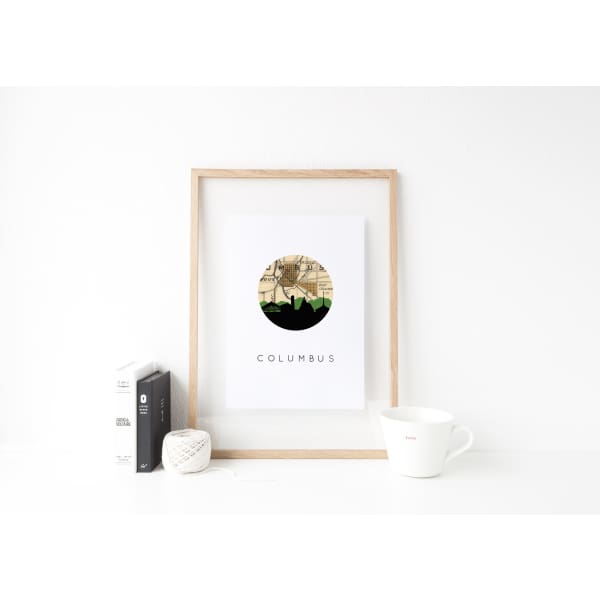 Columbus, Indiana city skyline with vintage Columbus, Indiana map ...