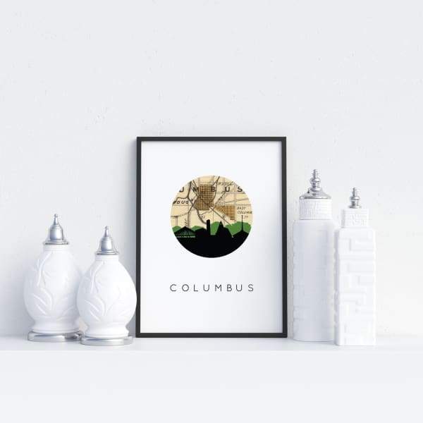 Columbus, Indiana city skyline with vintage Columbus, Indiana map ...