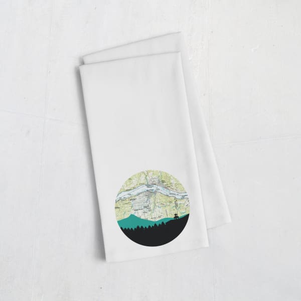 Hood River, Oregon city skyline with vintage Hood River map ...