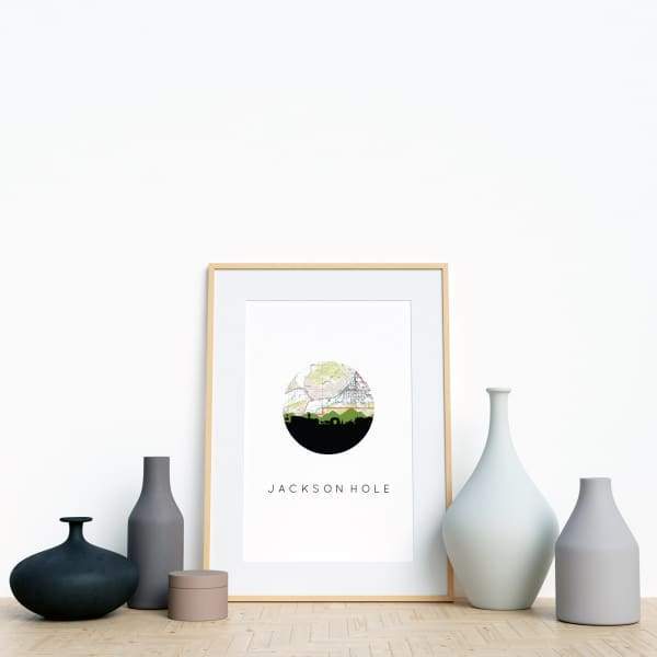 Jackson Hole, Wyoming city skyline with vintage Jackson Hole map ...