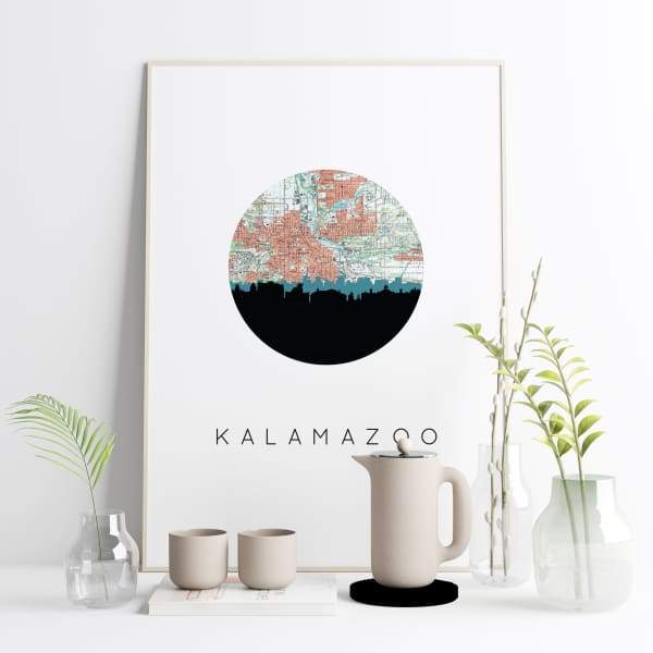 Kalamazoo, Michigan city skyline with vintage Kalamazoo map ...