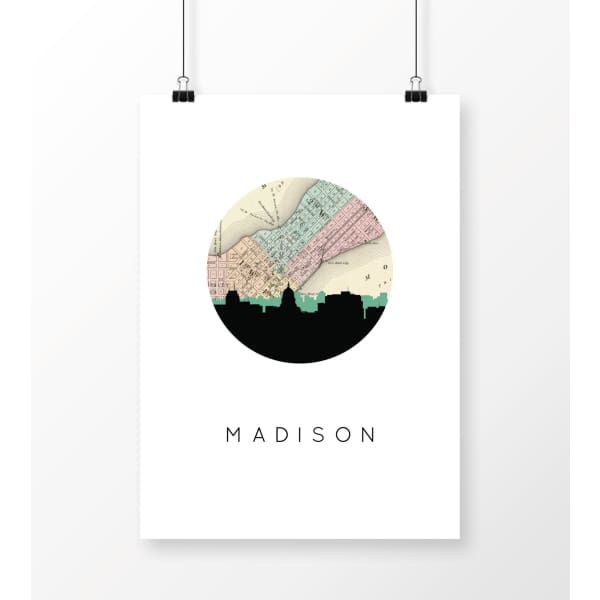 Madison, Wisconsin city skyline with vintage Madison map | wanderlust ...