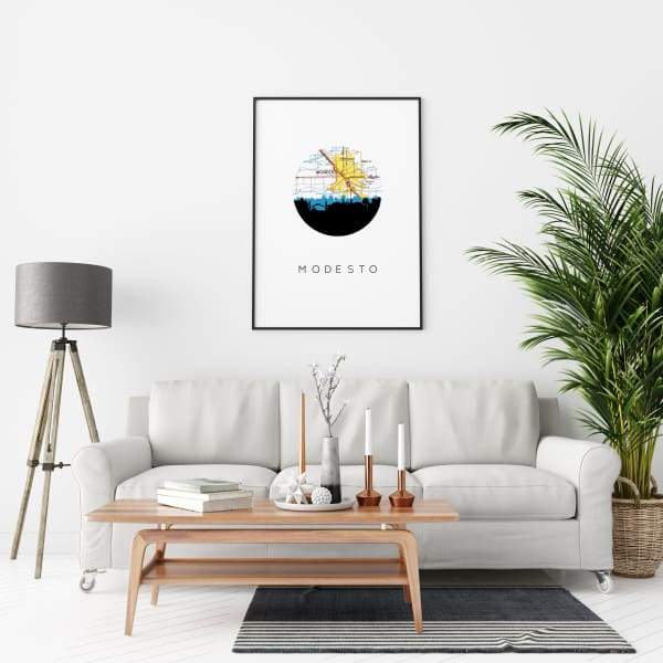 Modesto, California city skyline with vintage Modesto map | wanderlust ...