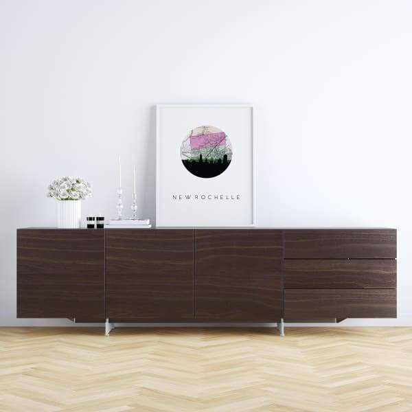 New Rochelle, New York city skyline with vintage New Rochelle map ...