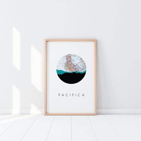 Pacifica, California city skyline with vintage Pacifica map ...