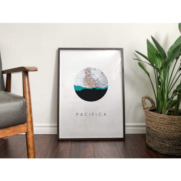 Pacifica, California city skyline with vintage Pacifica map ...