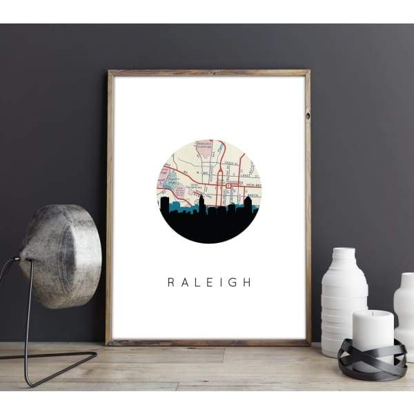 Raleigh, North Carolina city skyline with vintage Raleigh map ...