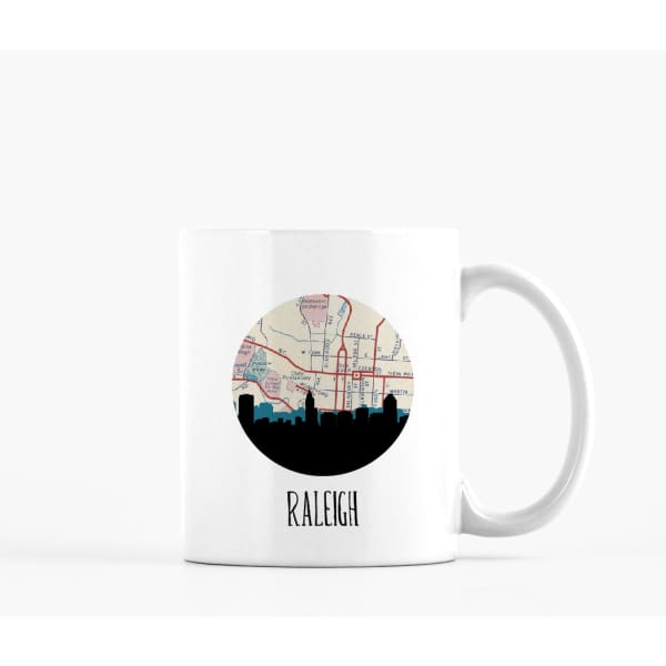 Raleigh, North Carolina city skyline with vintage Raleigh map ...
