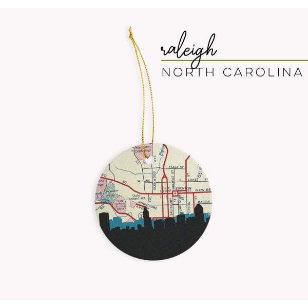 Raleigh, North Carolina city skyline with vintage Raleigh map ...