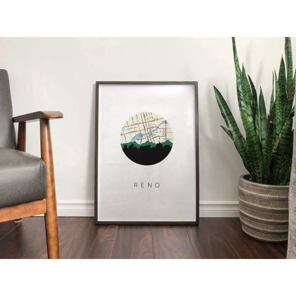 Reno, Nevada city skyline with vintage Reno map | wanderlust gifts and ...